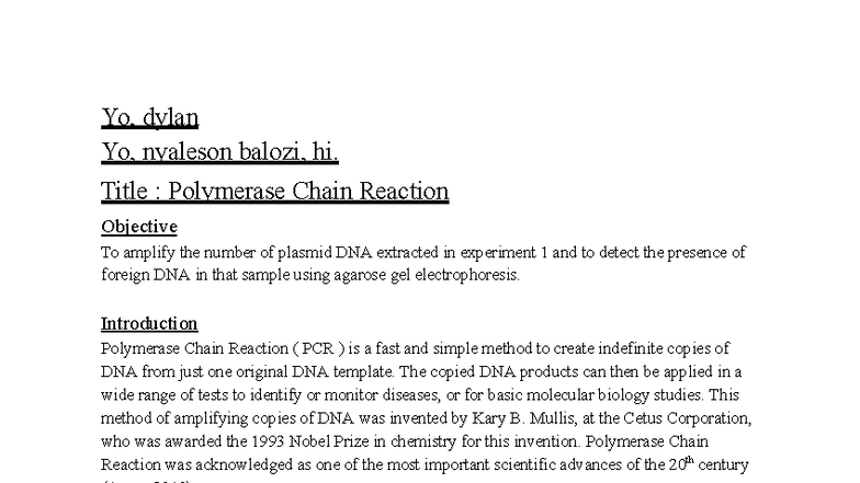 Molecular Biology Practical 2 Report: PCR & Agarose Gel Electrophoresis ...