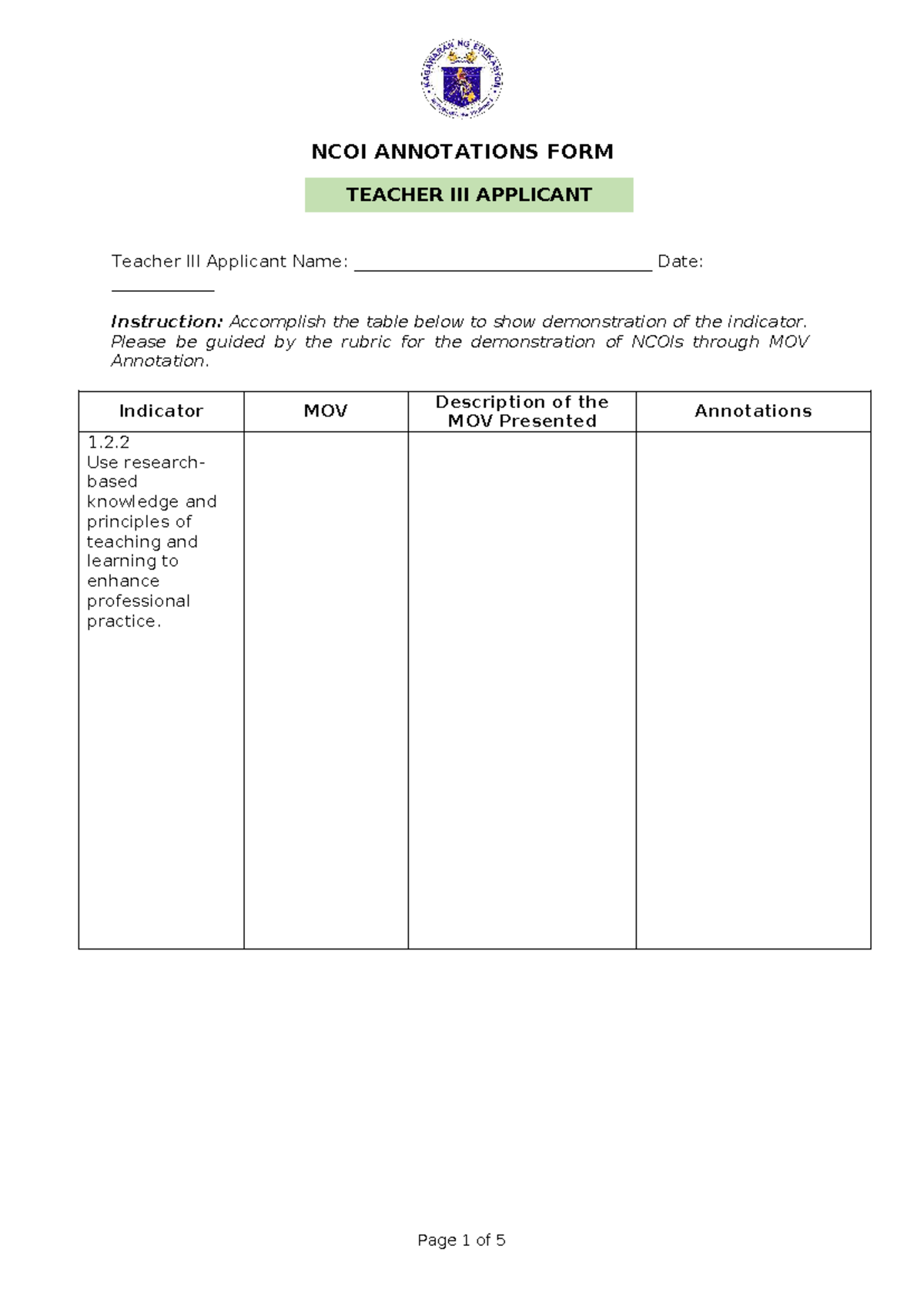 NCOI Annotations Form for Teacher III Applicant Evaluation - Studocu