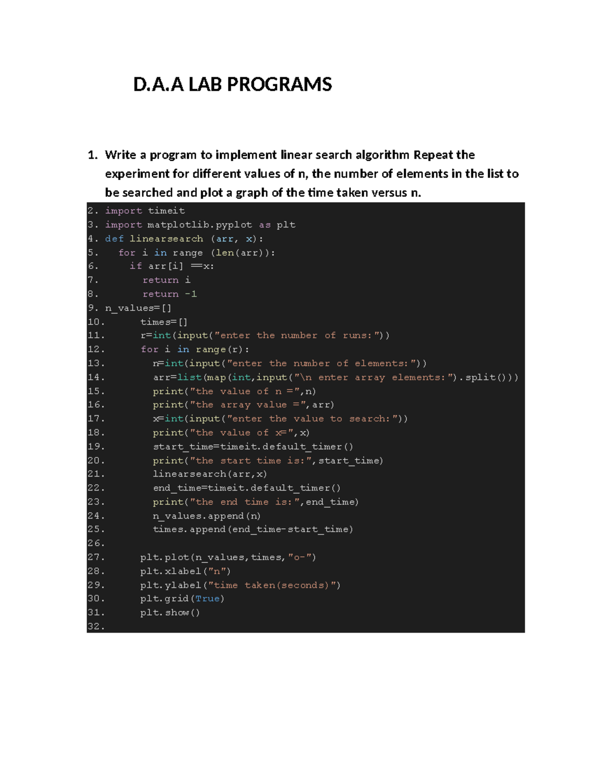 DAA Lab Programs: Linear, Binary, Selection & Quick Sort Algorithms - Studocu