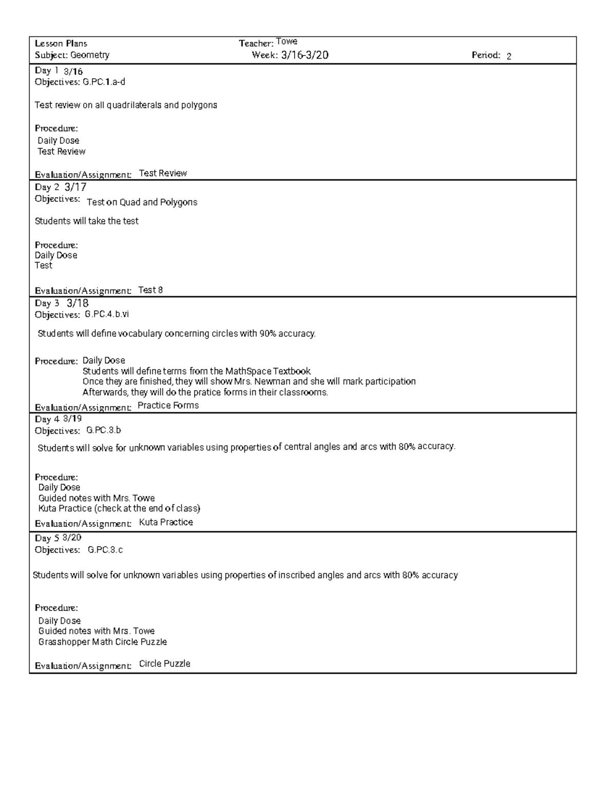 Lesson Plans for Geometry 2: Quadrilaterals & Circles - Studocu