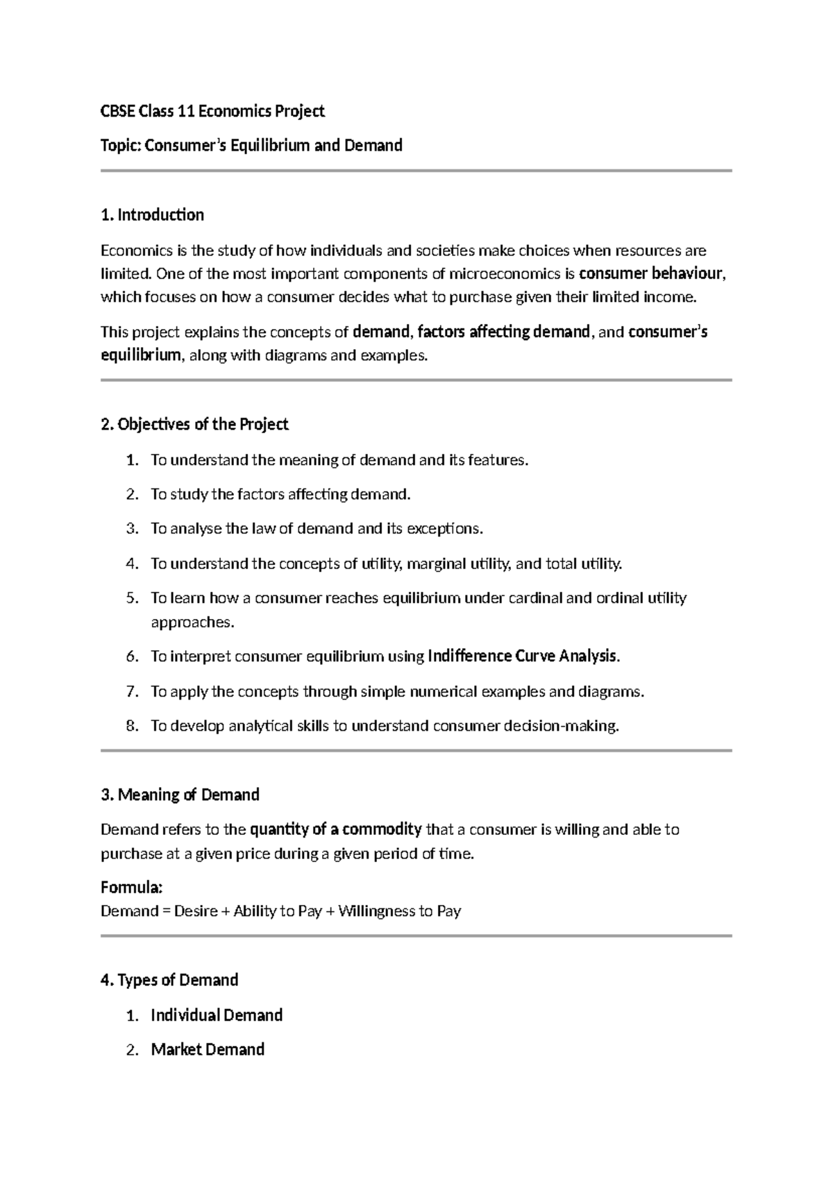 CBSE Class 11 Economics Project: Understanding Demand & Equilibrium ...
