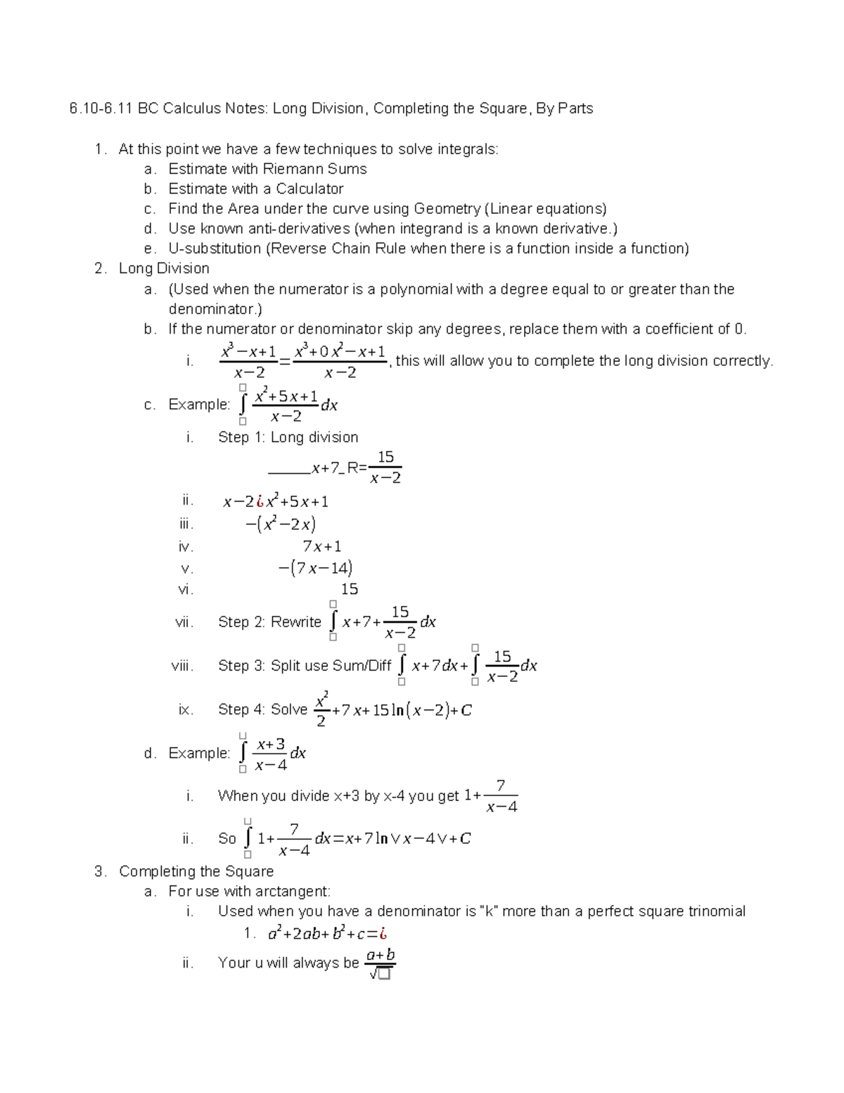 BC Calculus Notes: Long Division, Completing the Square, & Integration ...