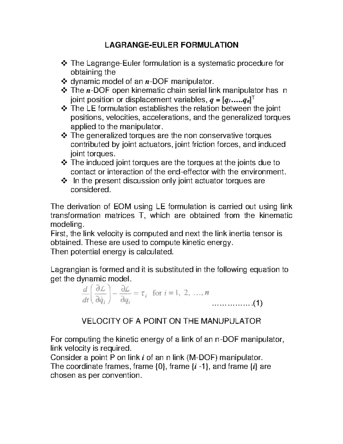 Robotics Dynamics Study: Lagrange-Euler Formulation for n-DOF Systems - Studocu
