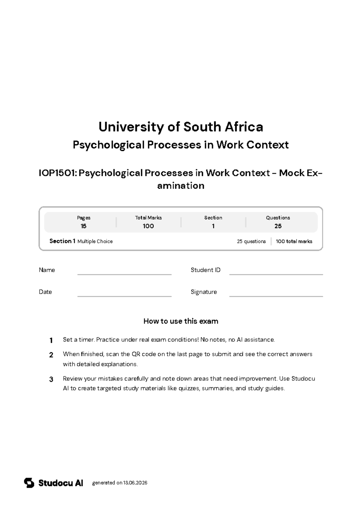 IOP1501: Psychological Processes - Mock Exam - Studocu