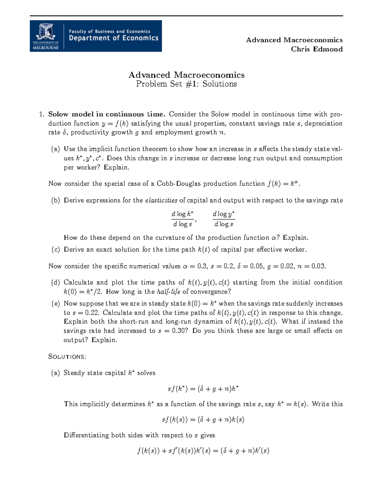 Problem set Assignment 1 advanced macroeconomics - Studeersnel