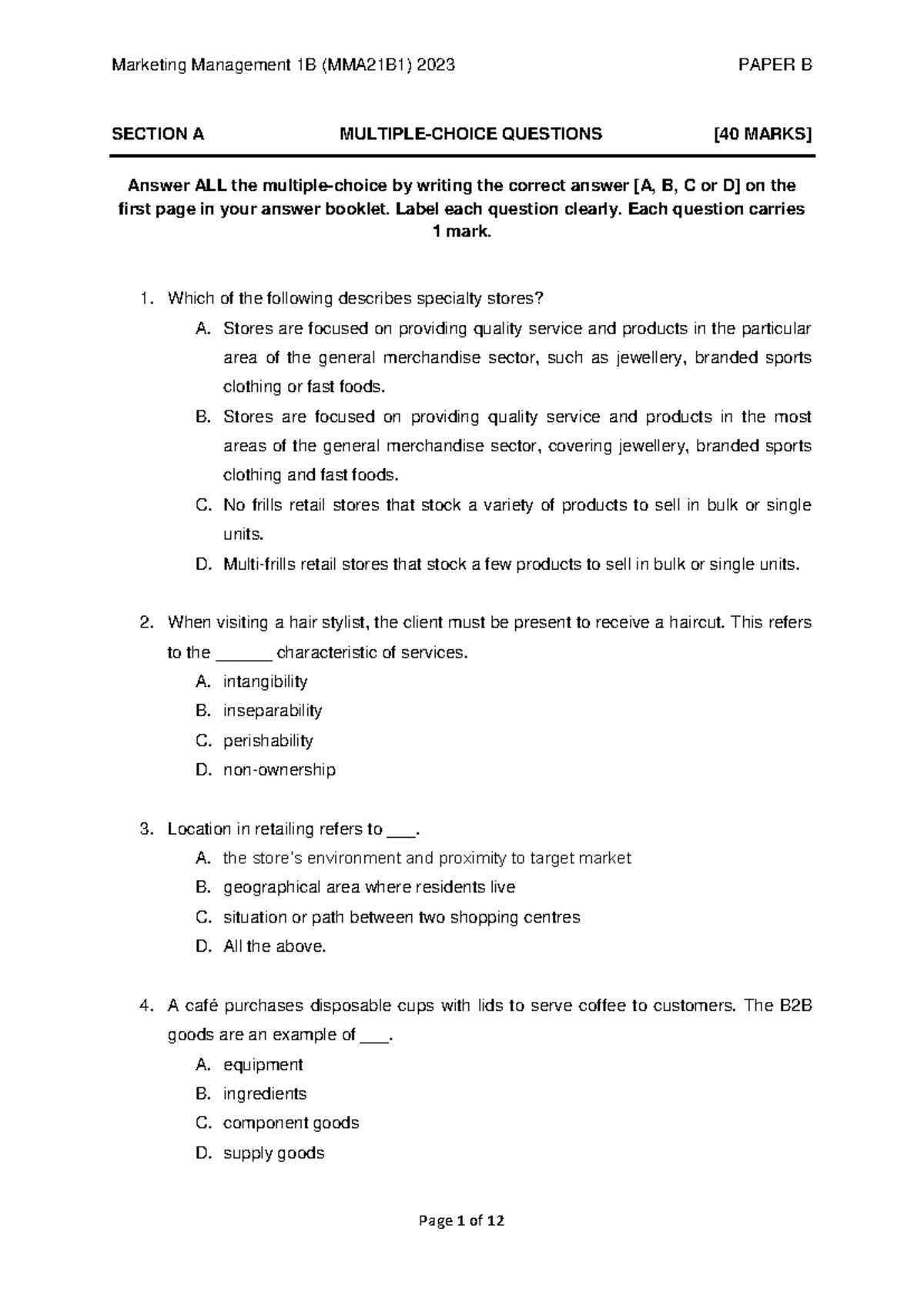 Marketing Management 1B (MMA21B1) 2023 SECTION A Exam Questions Paper B ...