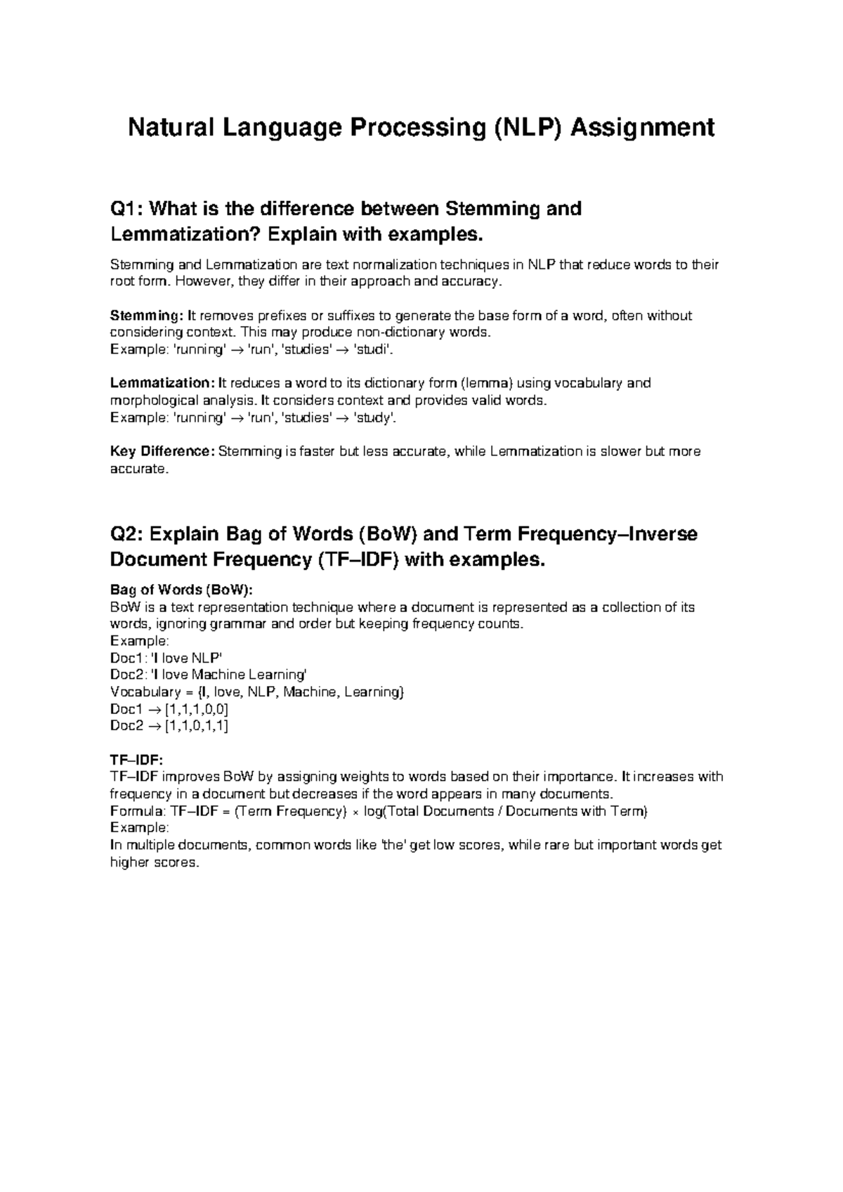 NLP Assignment: Stemming vs. Lemmatization & BoW Explained - Studocu