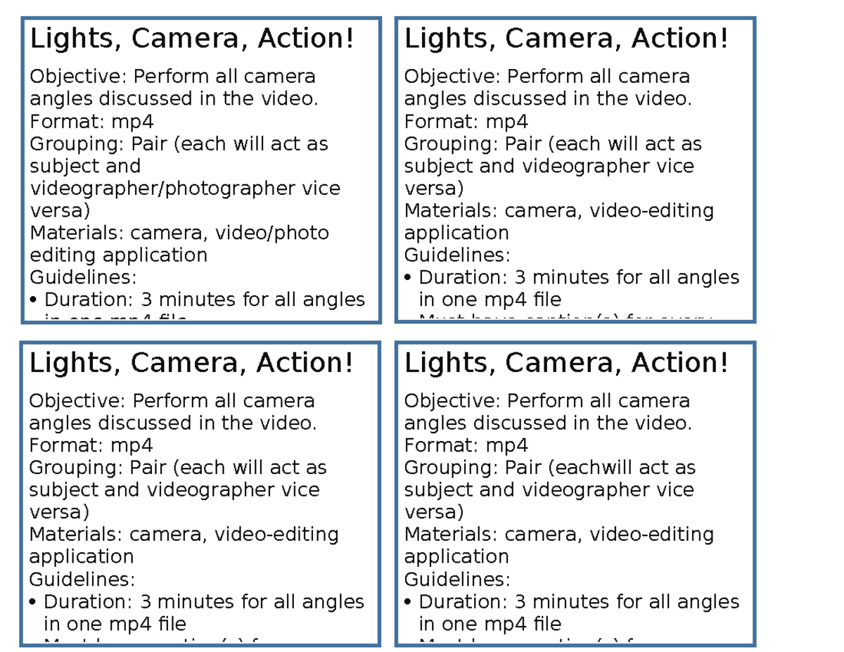 Camera Angles Guide - Lights, Camera, Action! Objective: Perform all ...