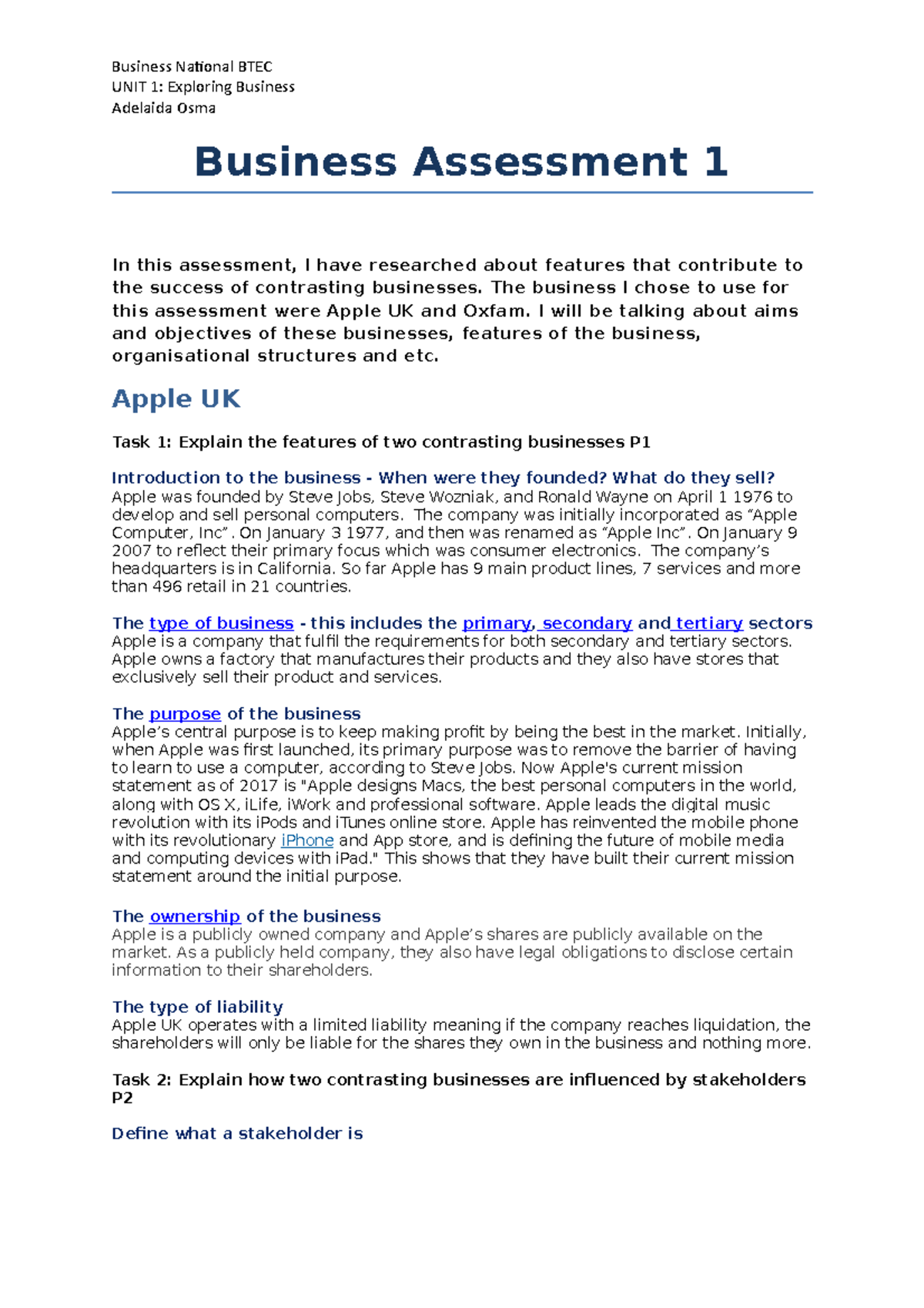 Business Assessment 1 - practice - UNIT 1: Exploring Business Adelaida ...