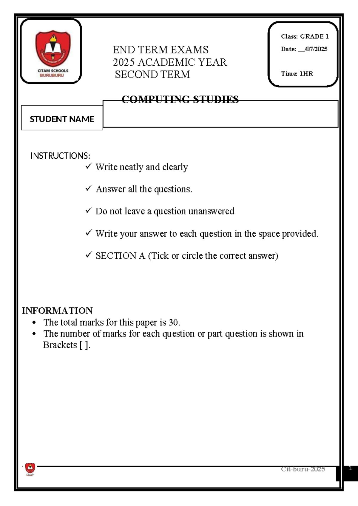 Grade 1 Computing Studies End Term Exam 2025 - 1HR - Studocu