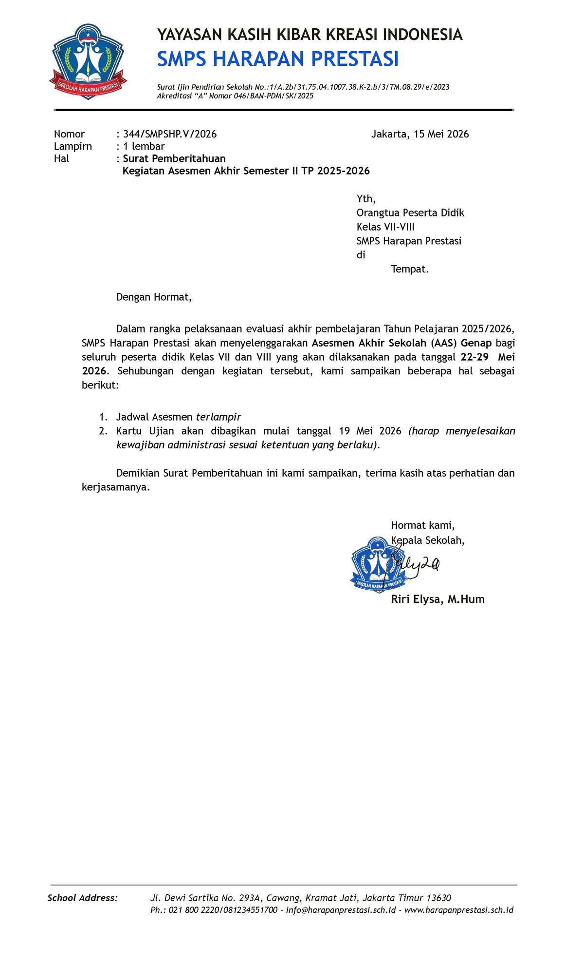 Surat Pemberitahuan Asesmen Akhir Semester II 2026 - SMPS Harapan ...
