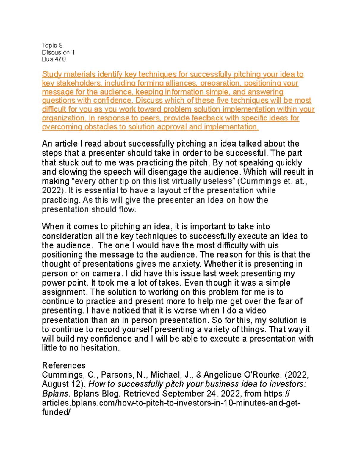 T8-DQ1-BUS 470 - Discussion on the topic week - Topic 8 Discusion 1 Bus ...