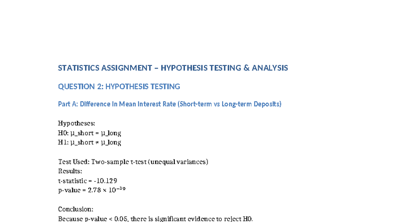 STATISTICS ASSIGNMENT: HYPOTHESIS TESTING ANALYSIS REPORT - Studocu
