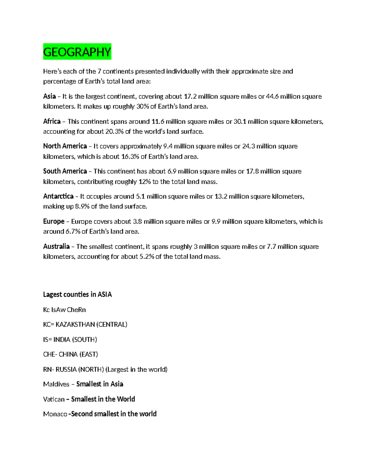 Geography Notes: Overview of the 7 Continents' Sizes and Areas - Studocu