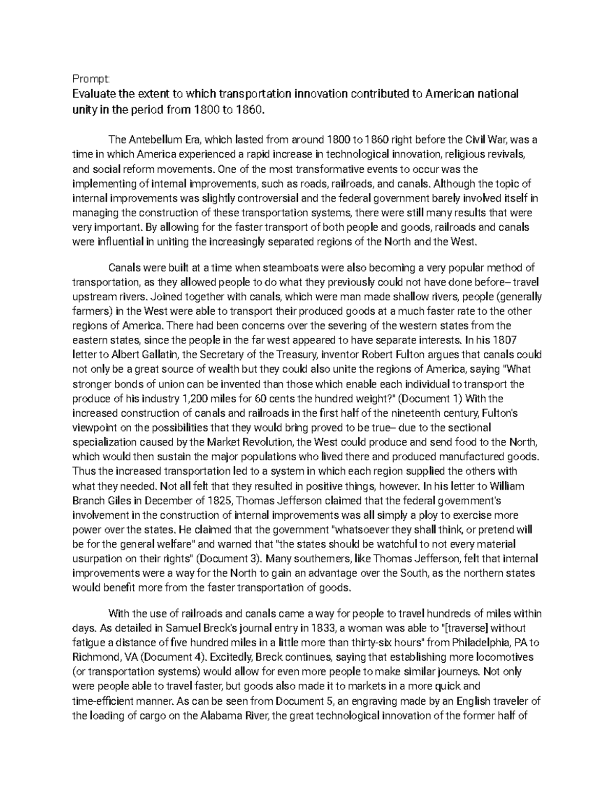 APUSH Transportation and National Unity 1800-1860 DBQ - Prompt ...