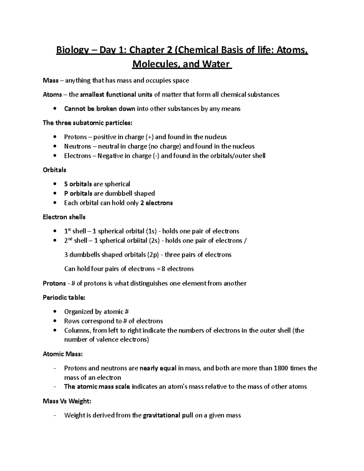 Biology 1P91 - Lecture 1: Chemical Basis of Life Overview - Studocu