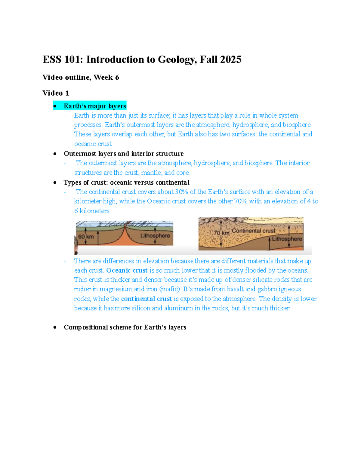 ESS 101: Introduction to Geology - Week 6 Video Outline on Earth's Layers and - Studocu