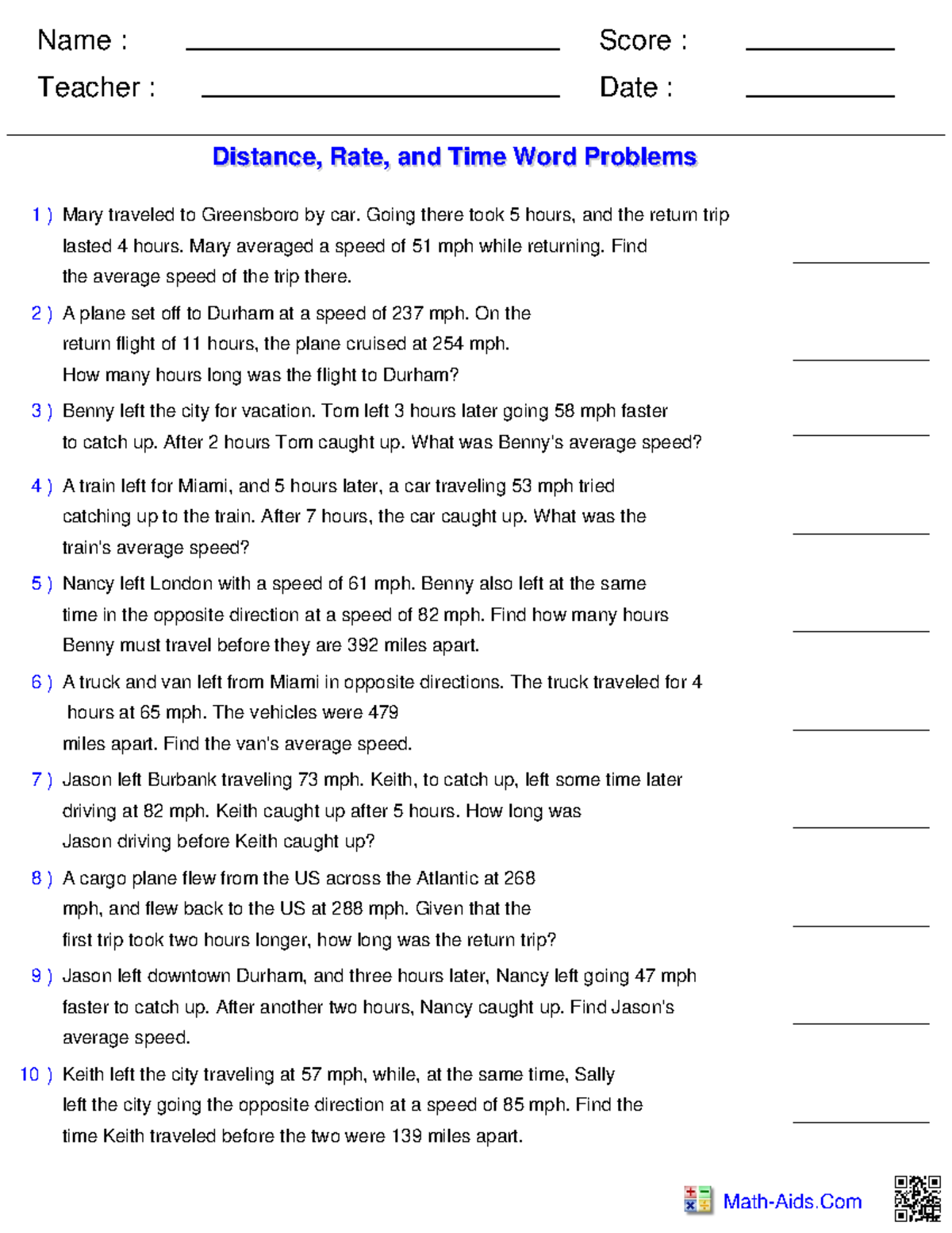 Algebra 1 Quiz: Distance, Rate, and Time Word Problems - Studocu