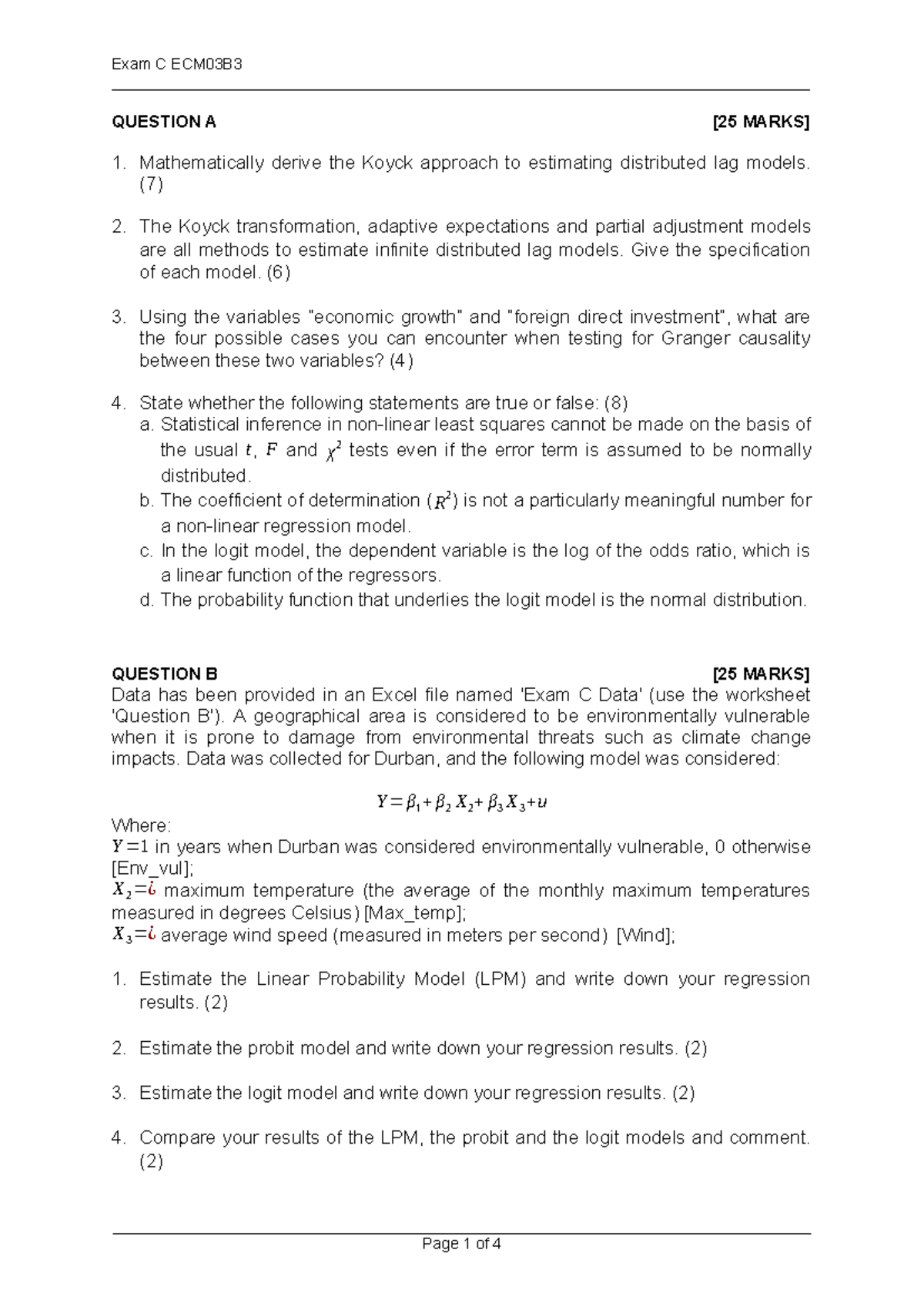 Econometrics 3B Exam C: Koyck Approach & Distributed Lag Models - Studocu