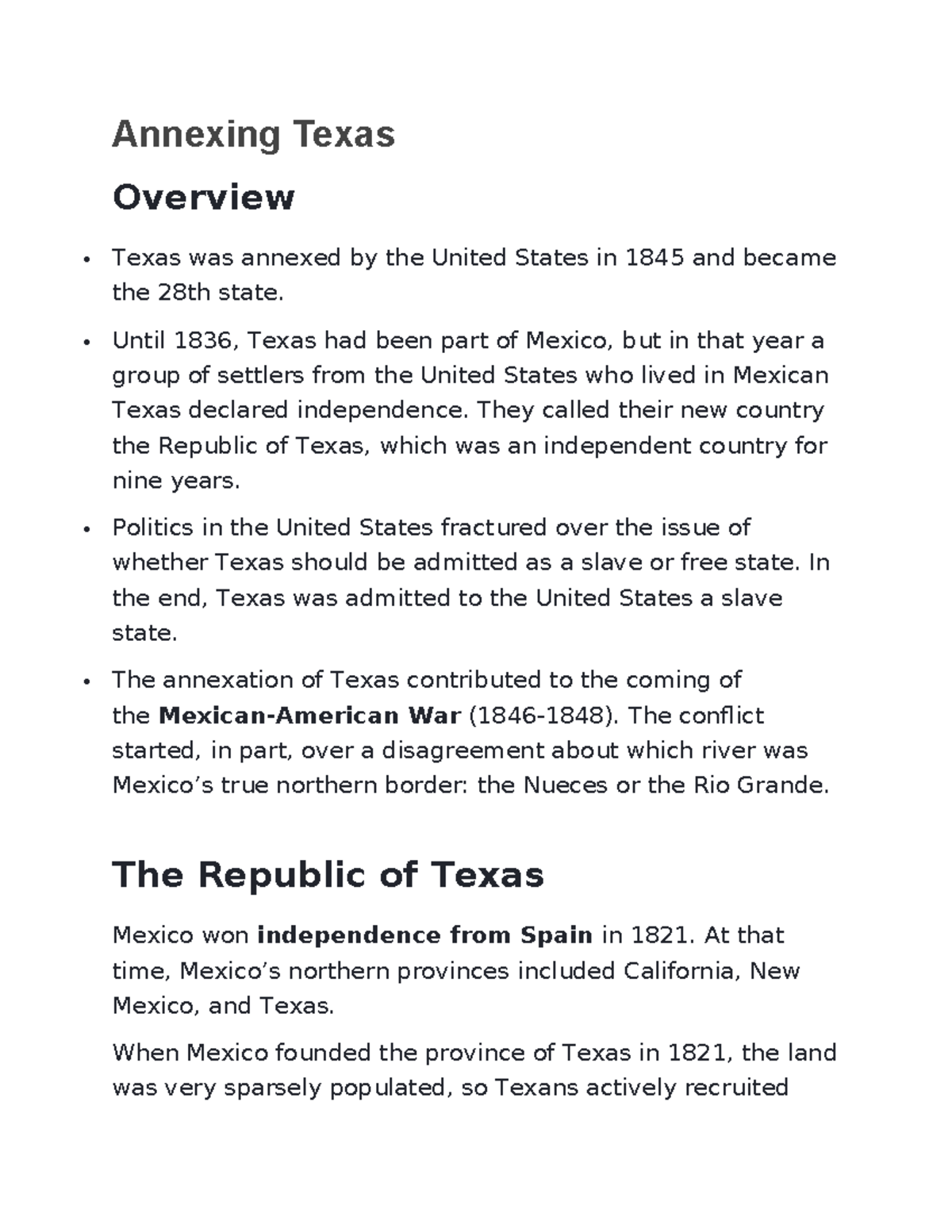 Annexing Texas: A Historical Overview of Statehood and Conflict - Studocu