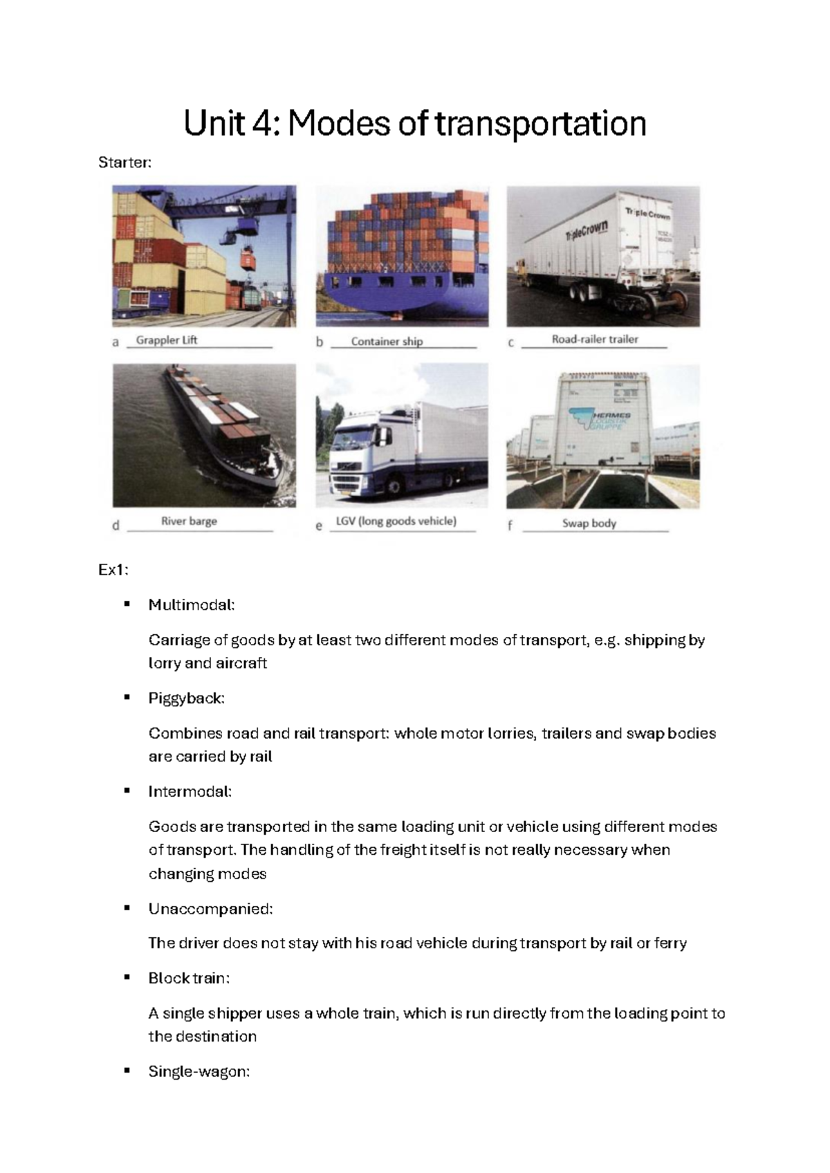 English for Logistics Unit 4: Transportation Modes Overview - Studocu