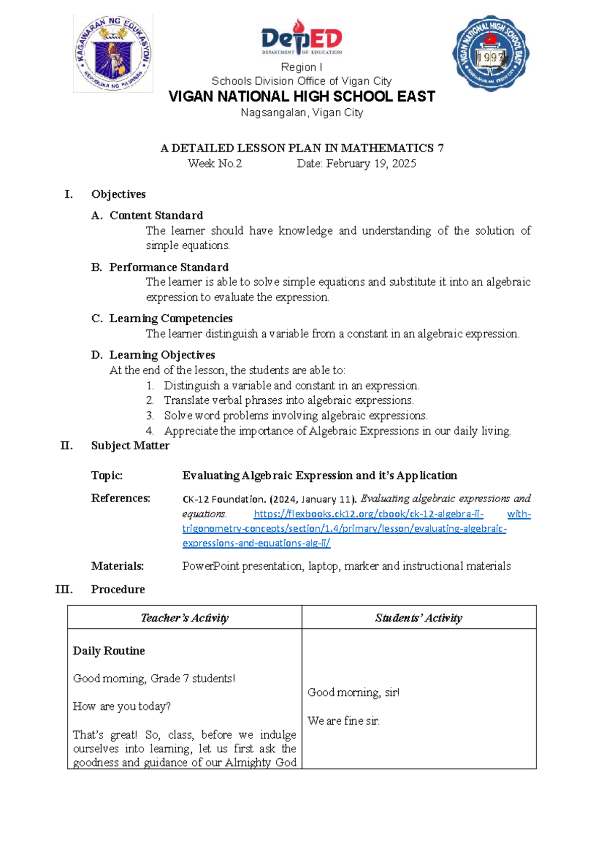 MATH 7 Week 2 Detailed Lesson Plan: Evaluating Algebraic Expressions - Studocu