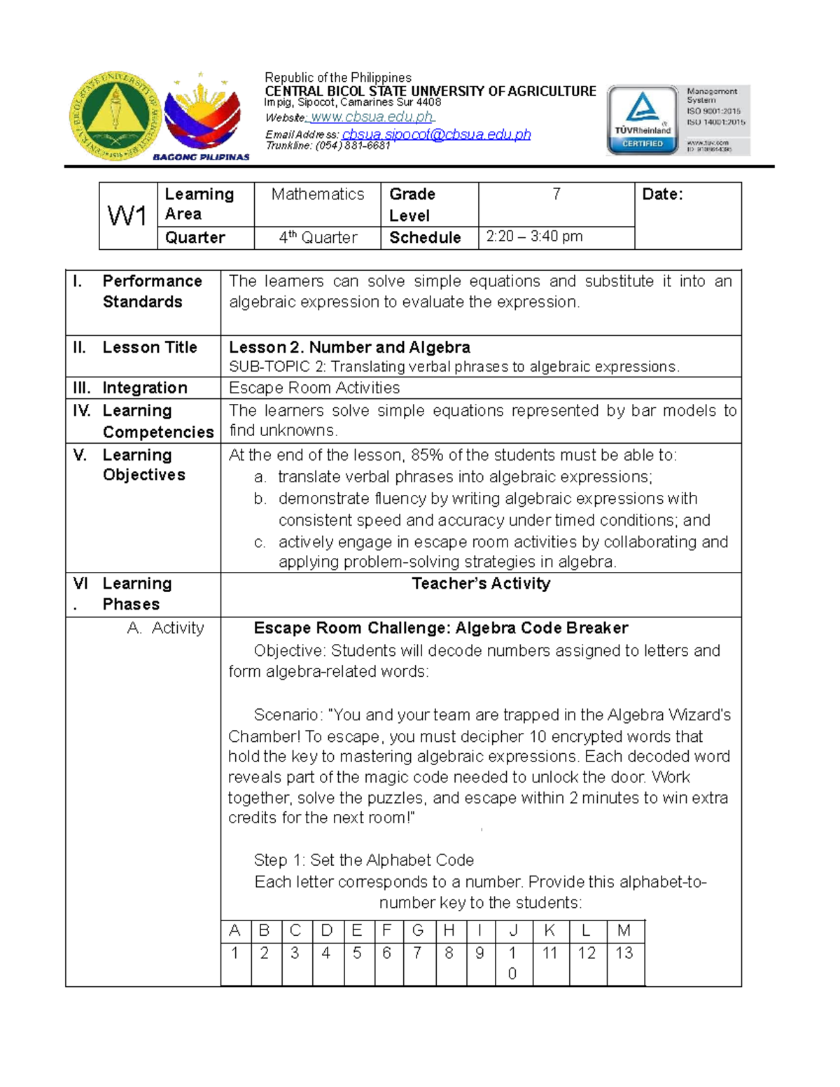 Math 7 Lesson Guide: Escape Room Activities for Algebra Expressions ...