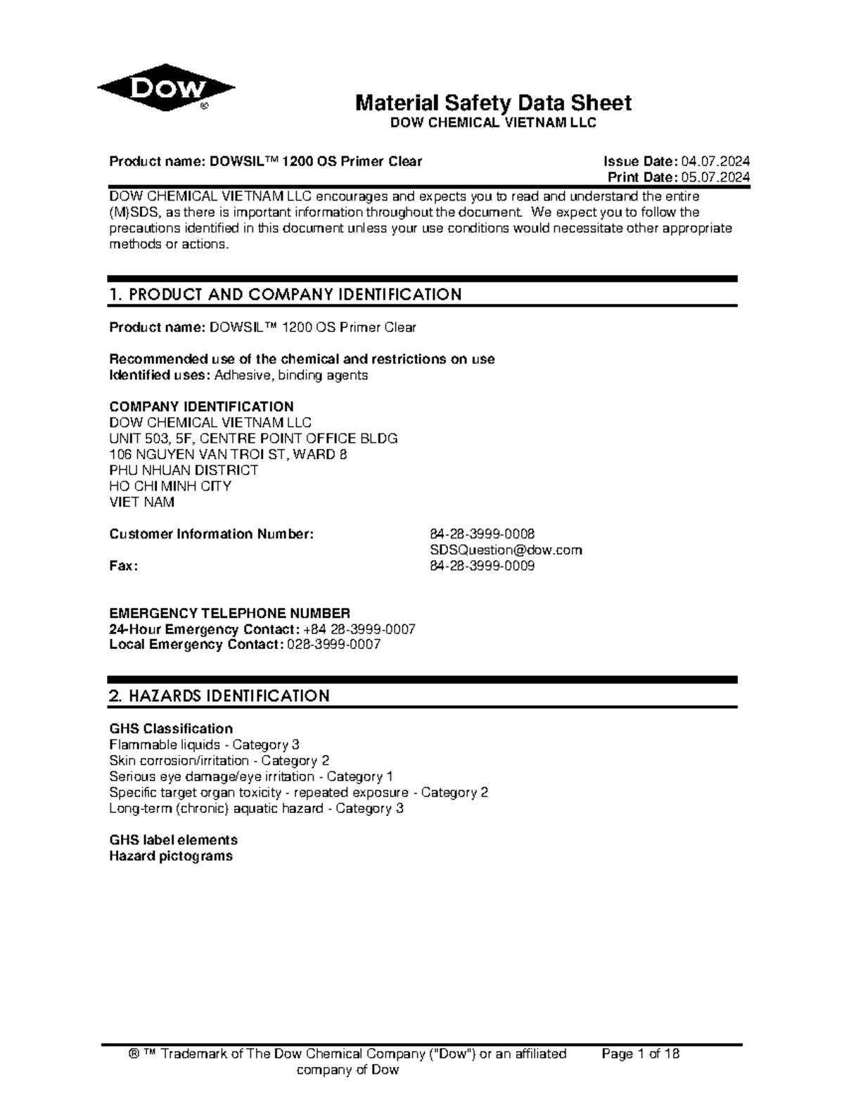 DOW CHEMICAL VIETNAM LLC 1200 OS Primer Clear Safety Data Sheet - Studocu