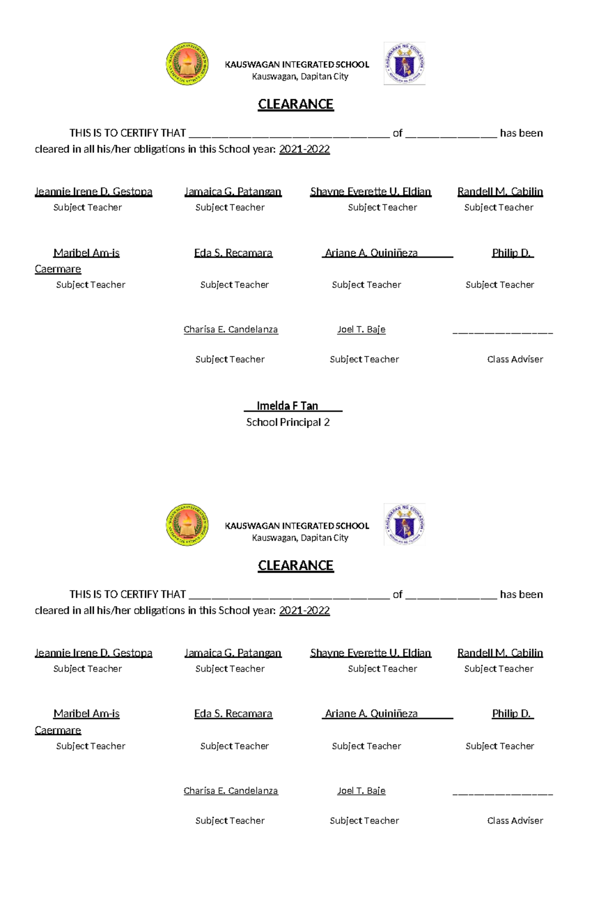 Clearance Slip for School Year 2021-2022 - Kauswagan Integrated School ...