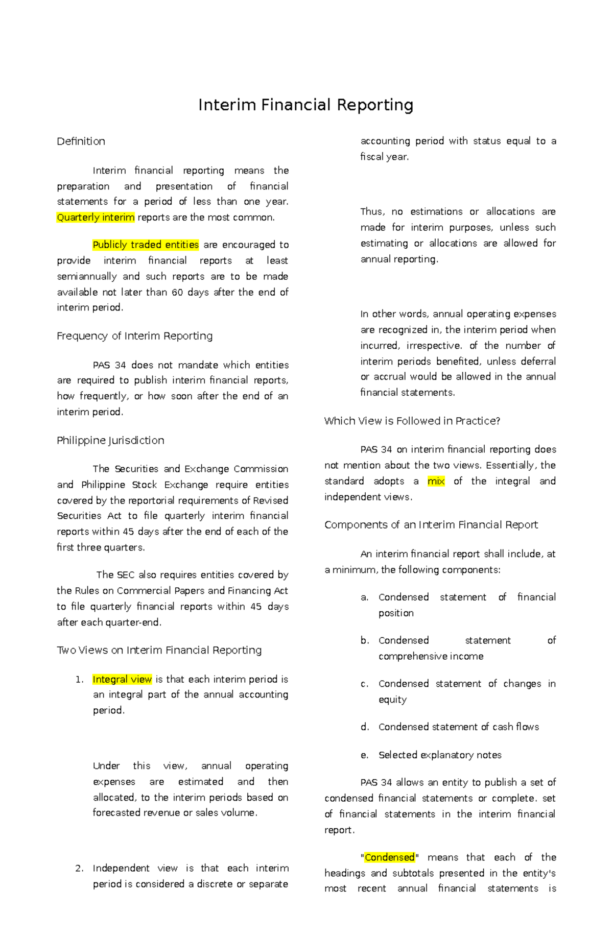 Interim Financial Reporting Lecture Notes (Course Code) - Studocu