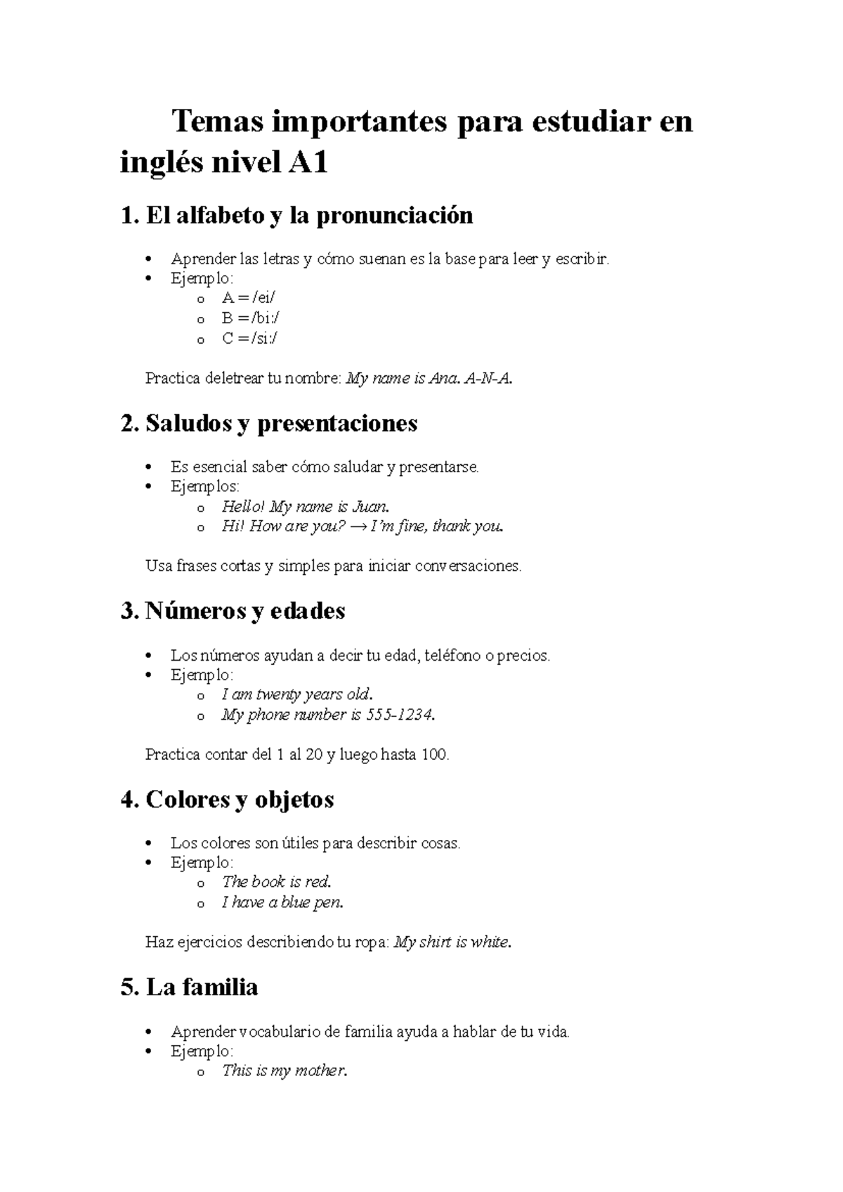 Temas Clave para Estudiar Inglés A1: Guía Completa - Studocu