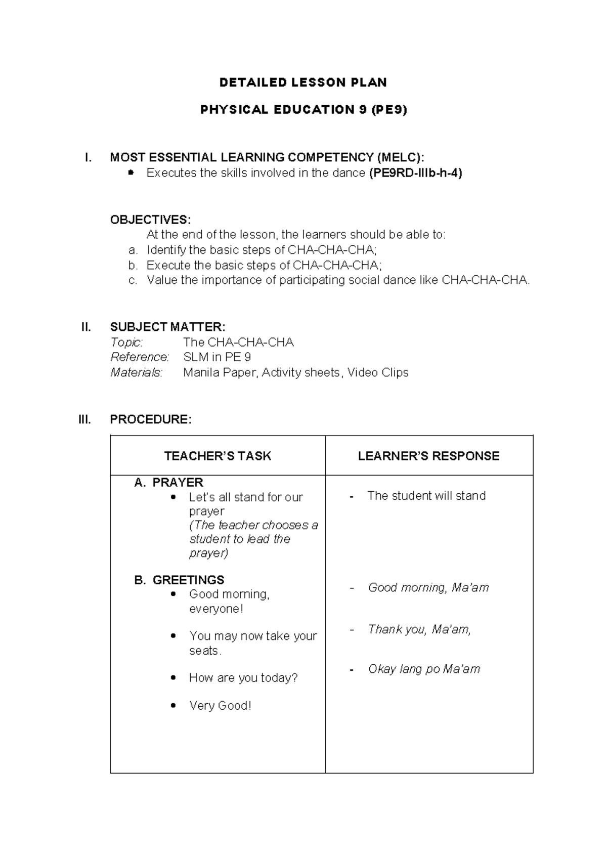 Detailed- Lesson-PLAN - DETAILED LESSON PLAN PHYSICAL EDUCATION 9 (PE9 ...