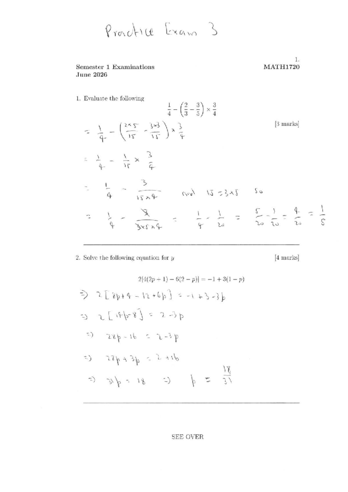 MATH1720 Practice Exam 3 Solutions - Semester 1 2026 - Studocu
