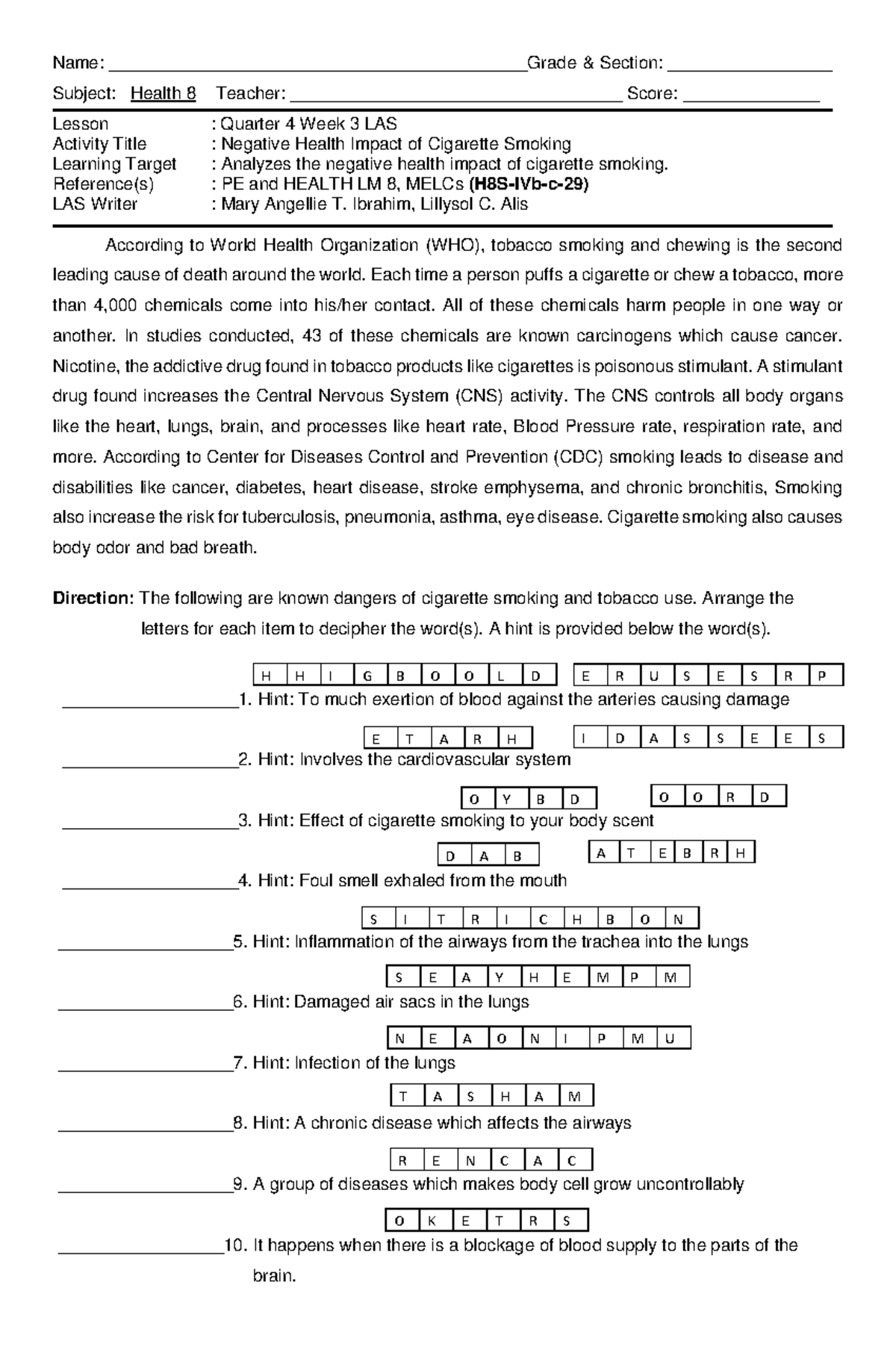 Health 8 Q4 Week 3 LAS 2 - Negative Health Impact of Smoking - Studocu