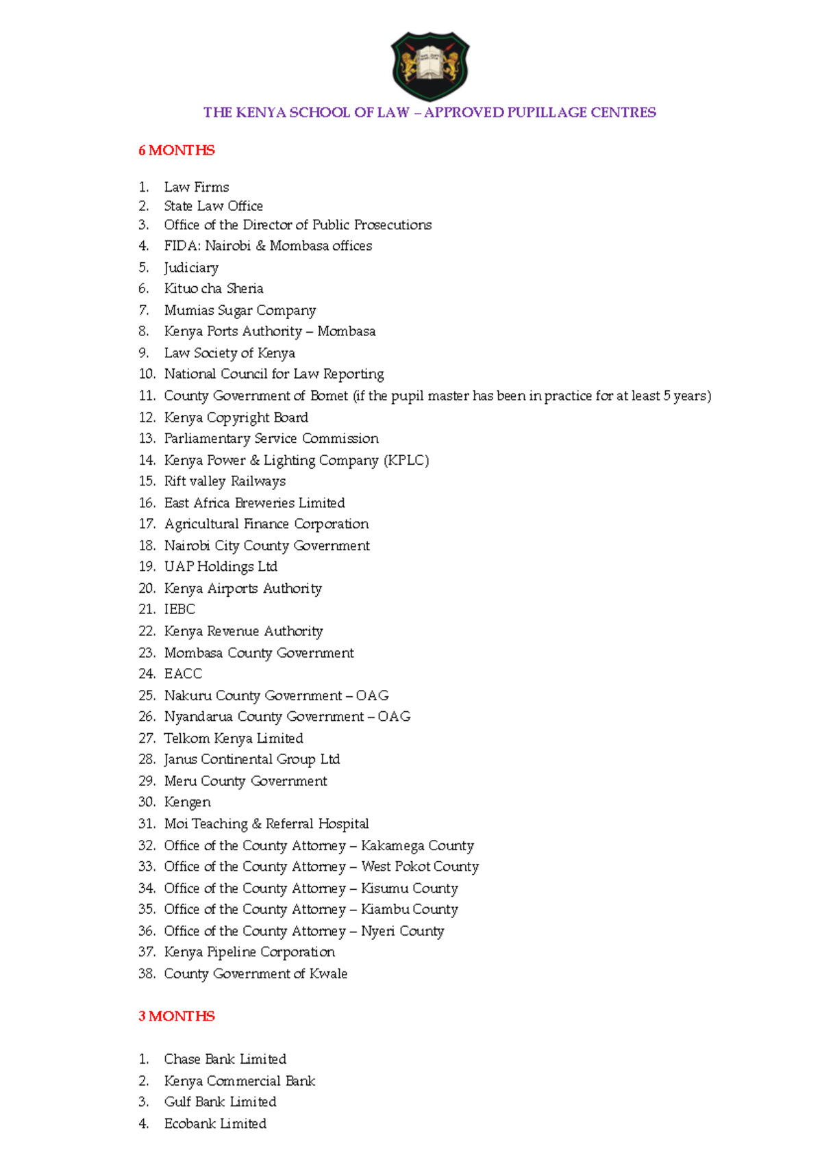 Approved Pupilage Centres at Kenya School of Law for Law Students - Studocu