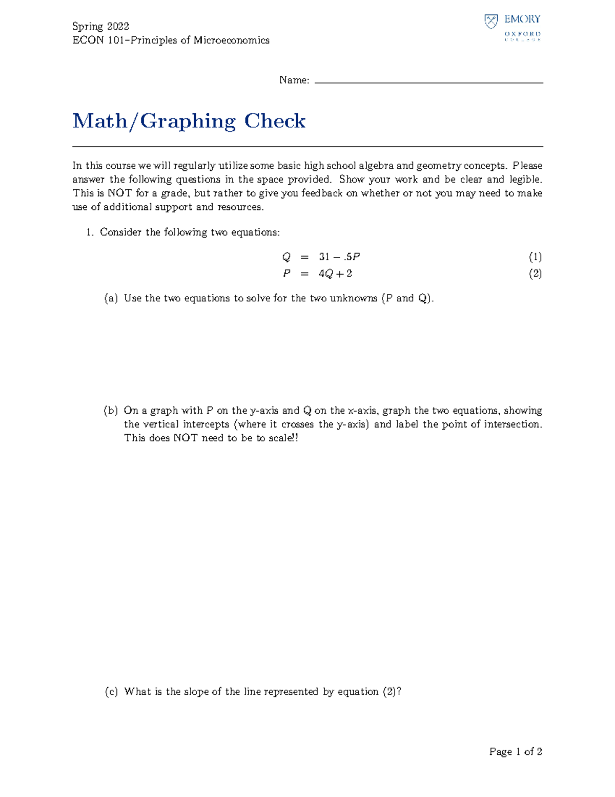 ECON 101 Midterm Math Graphing Practice Questions - Studocu