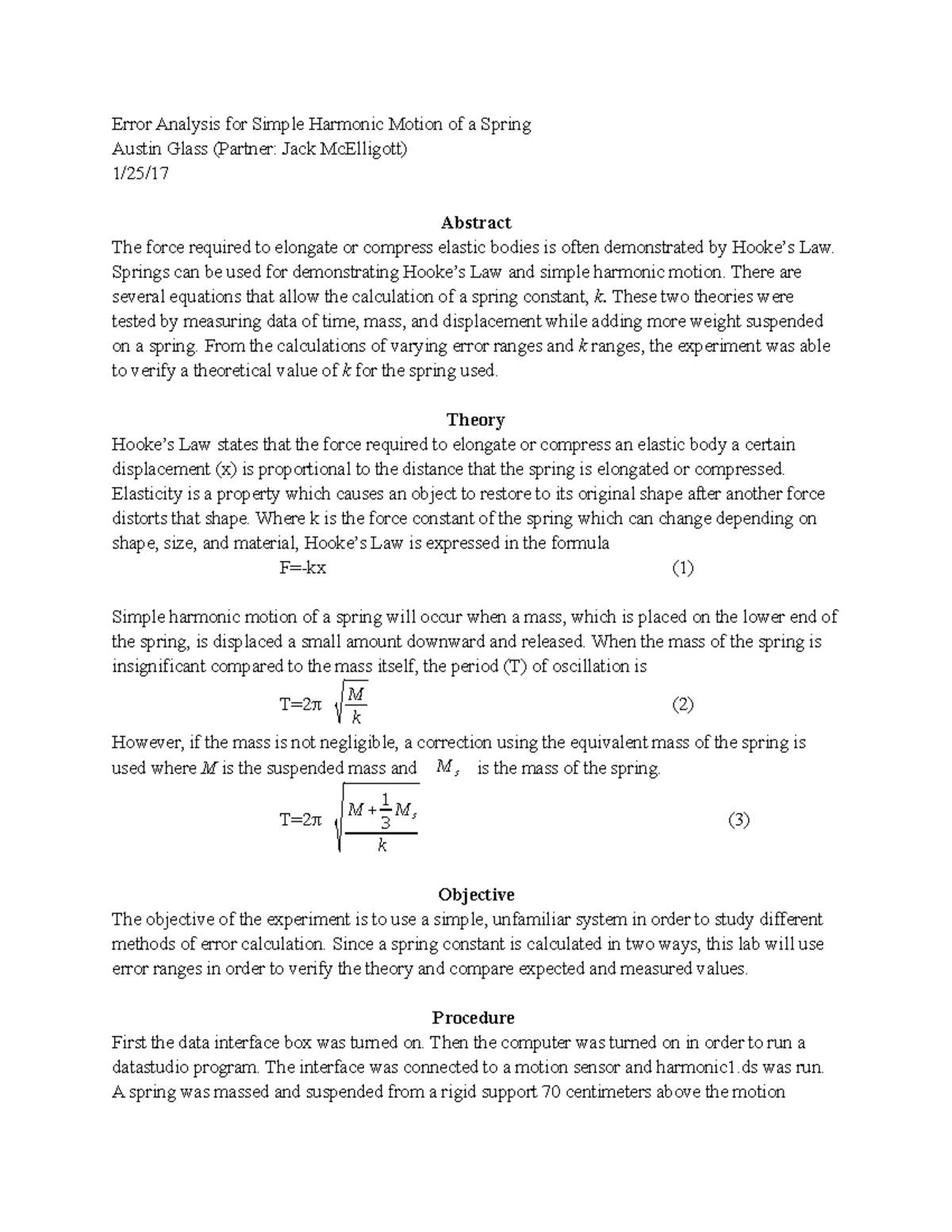 Lab 1 Simple Harmonic Motion of a Spring - Error Analysis for Simple ...