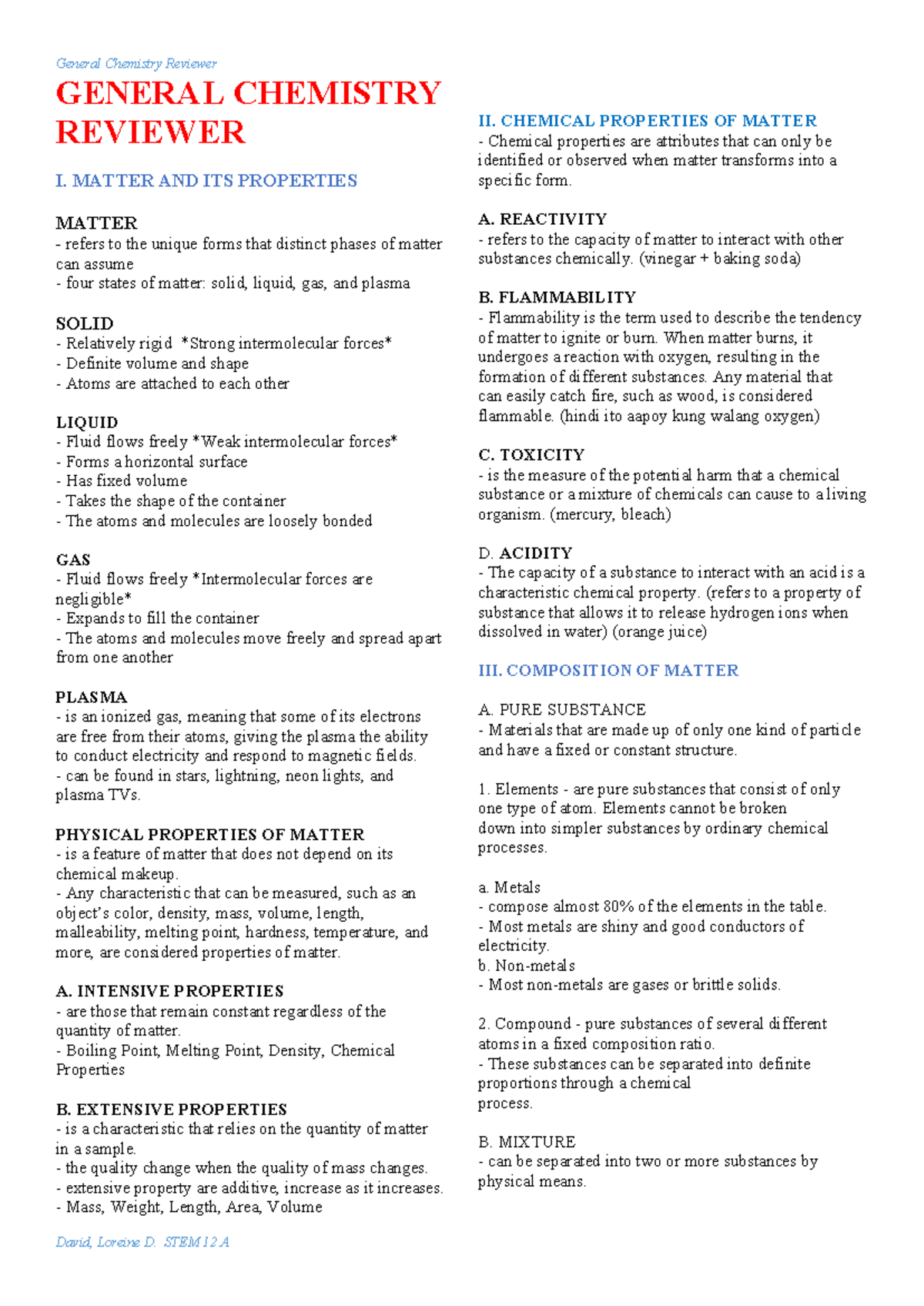 General Chemistry Reviewer: Matter, Properties, and Reactions (STEM 12 ...