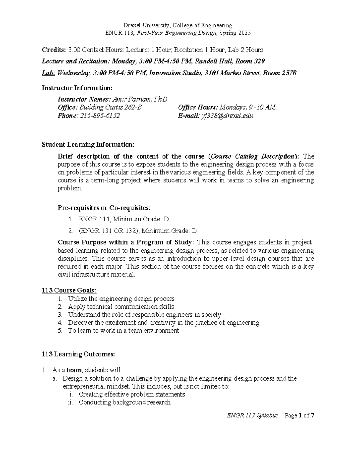 ENGR 113 Syllabus: Engineering Design Course Overview - Spring 2025 ...