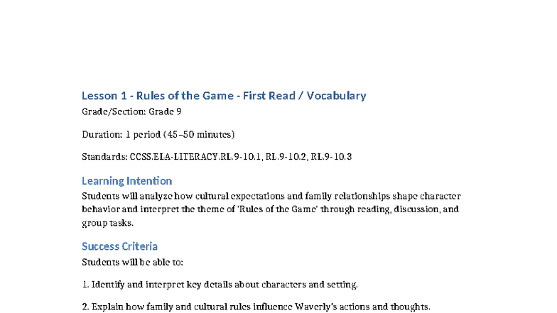 Grade 9 Lesson 1: Rules of the Game - First Read Vocabulary - Studocu