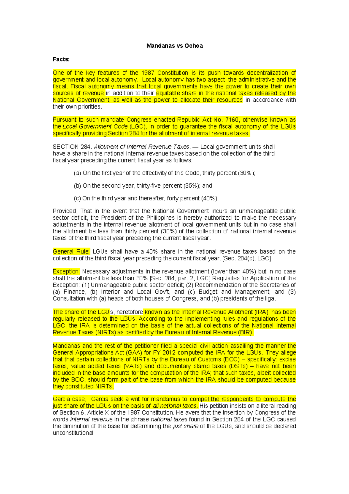 Mandanas vs Ochoa - Case Digest on Local Government Autonomy - Studocu