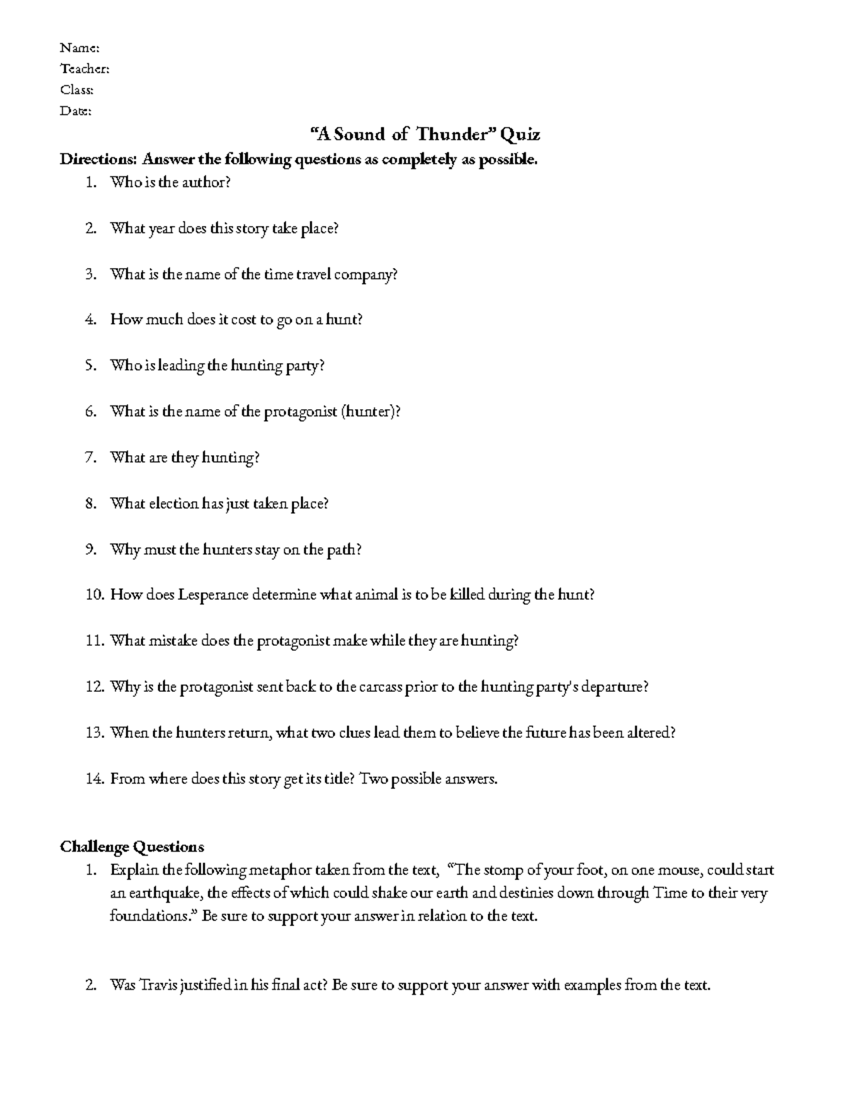 "A Sound of Thunder" Quiz & Answer Key (ENG 101) - Studocu