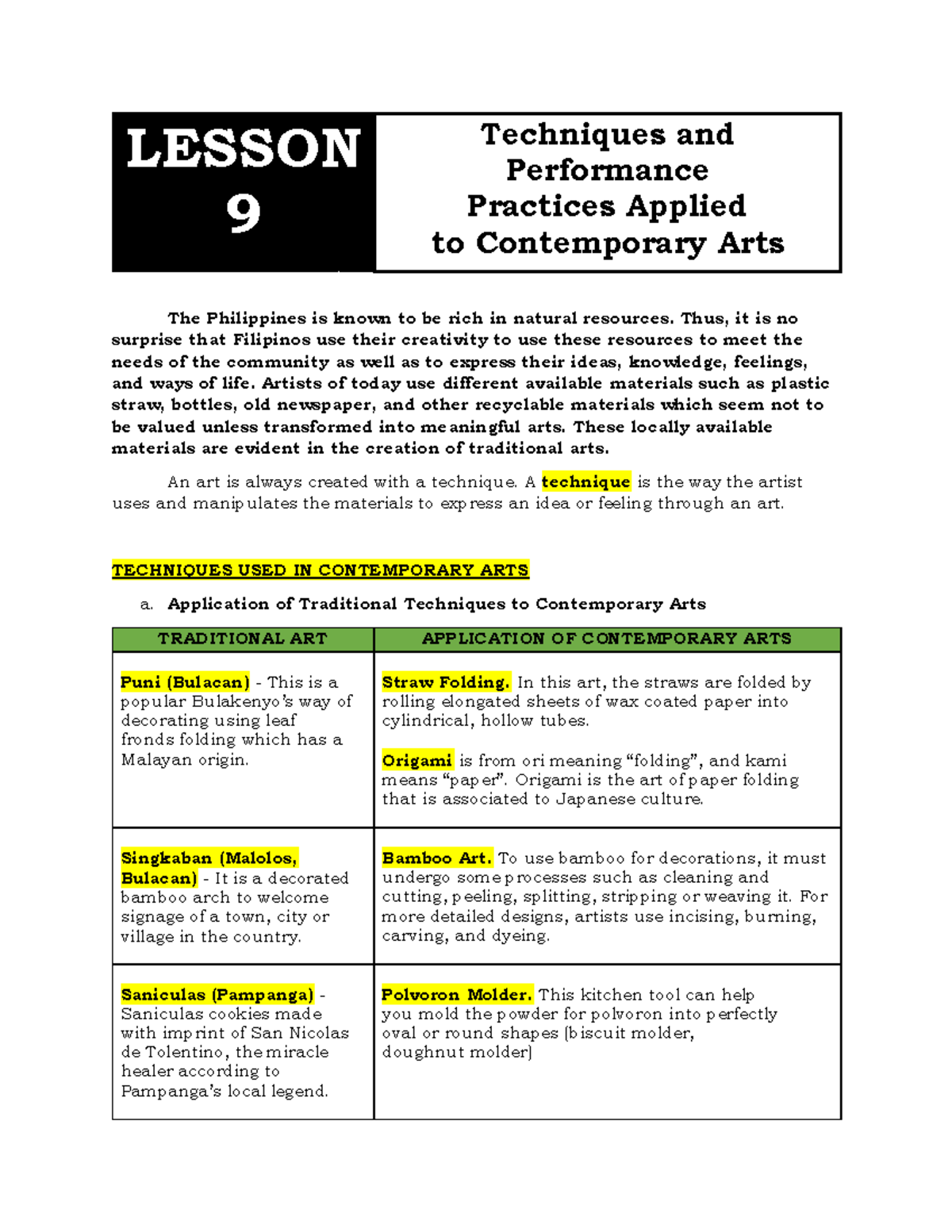 Contemporary Arts Techniques and Performance Practices Lesson - Studocu