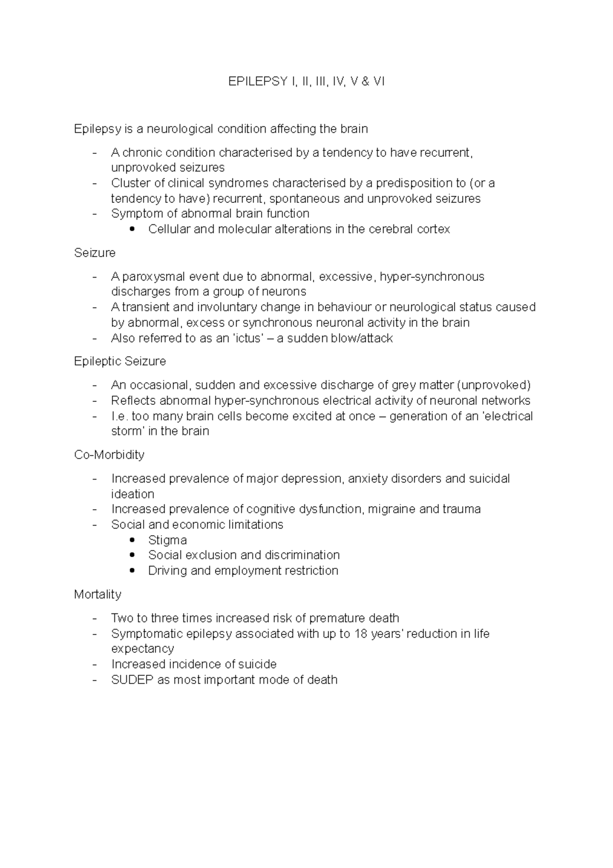 Epilepsy - Lecture notes 1-6 - EPILEPSY I, II, III, IV, V & VI Epilepsy ...