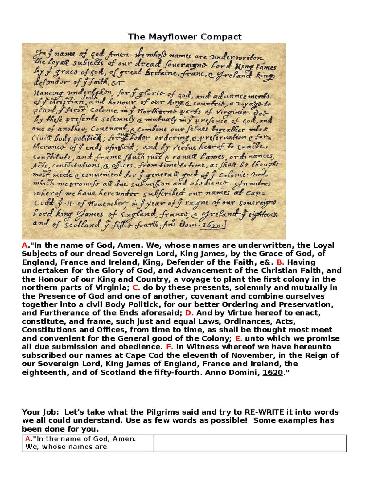 The Mayflower Compact Worksheet