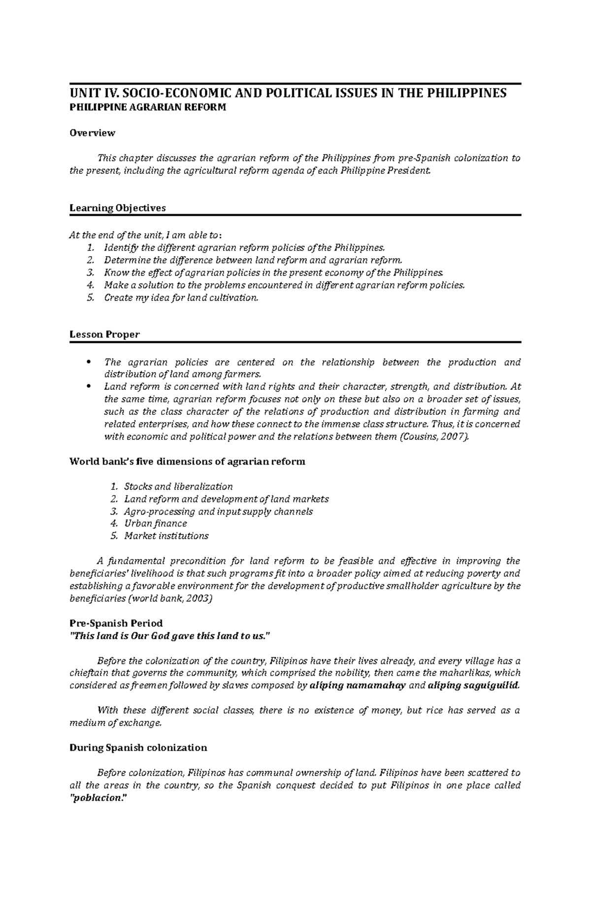 UNIT 4: Socio-Economic & Political Issues in the Philippines - Studocu