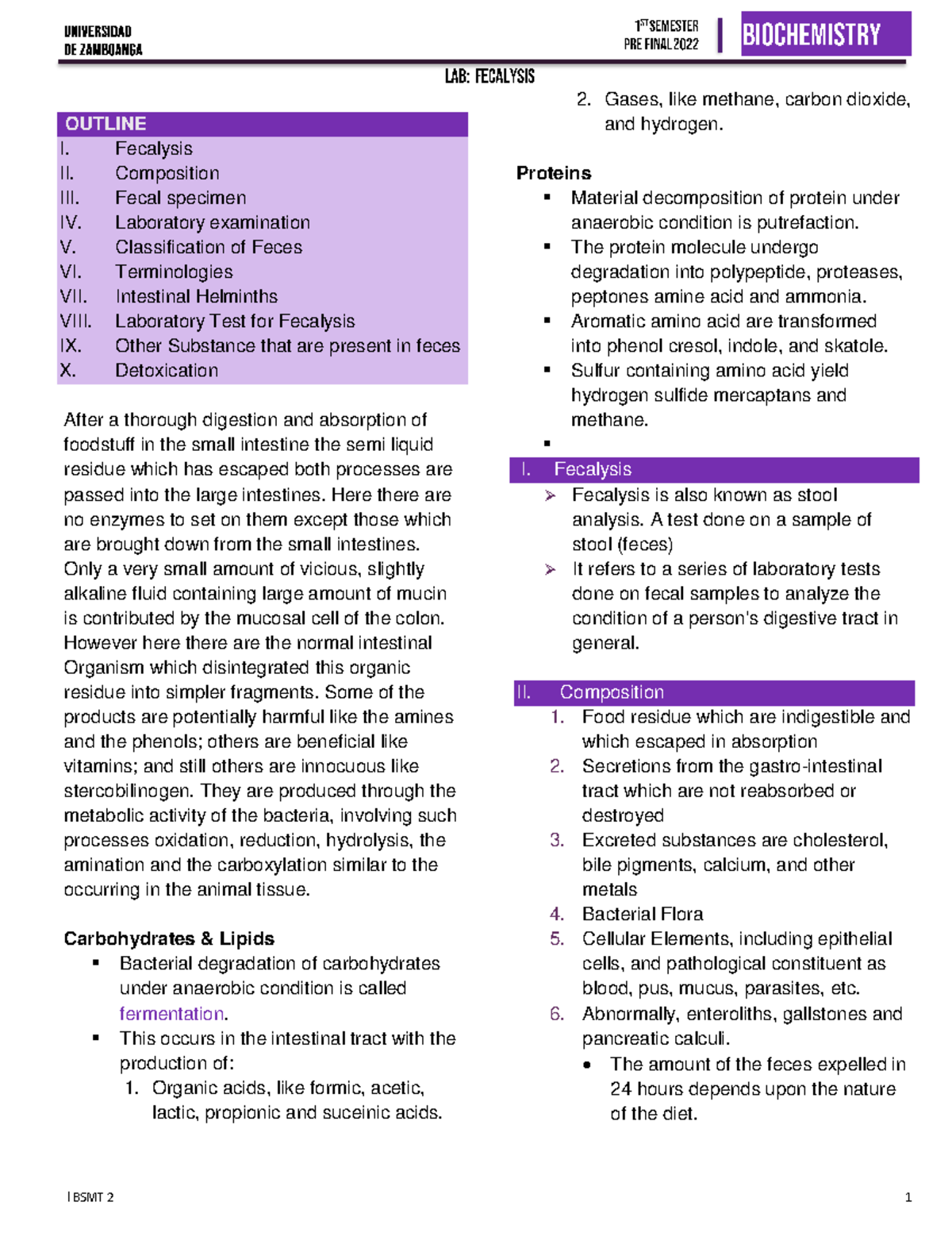 Lecture Fecalysis - |BSMT 2 1 OUTLINE I. Fecalysis II. Composition III ...