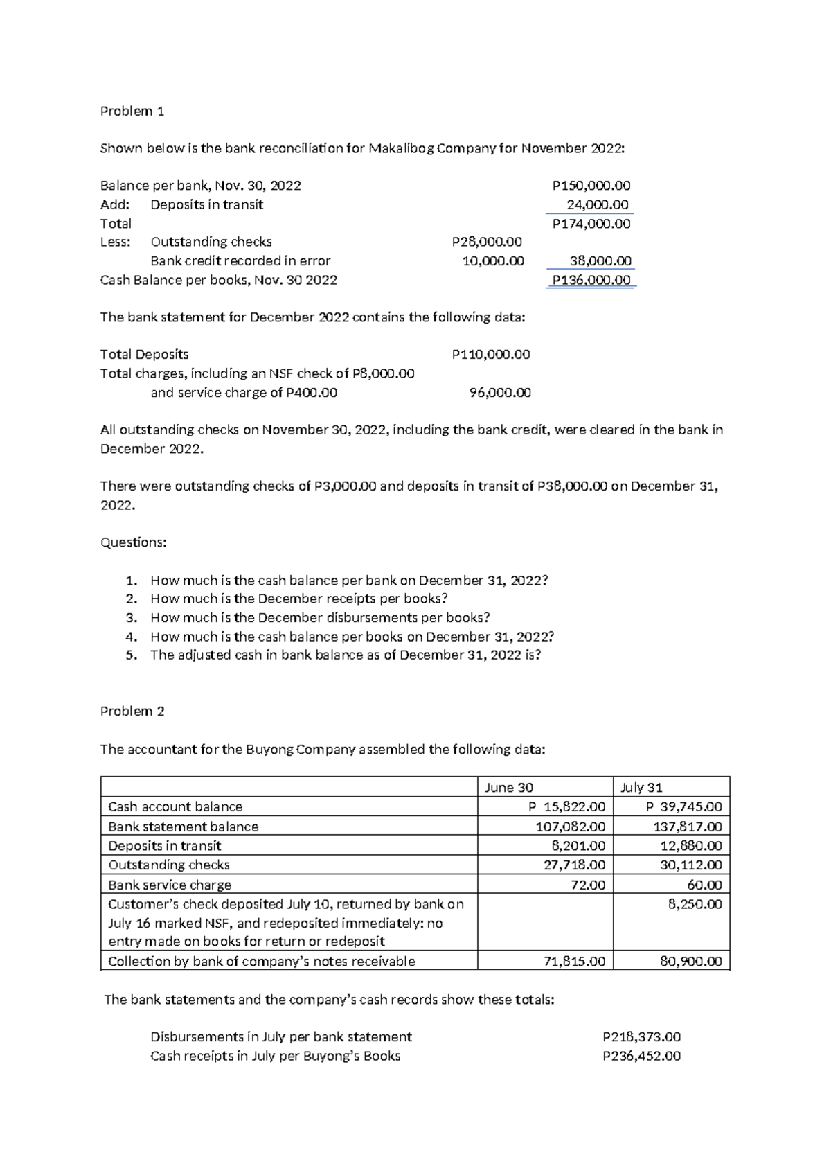 Bank Reconciliation Practice Problems: Cash Accounts (Nov-Dec 2022 ...