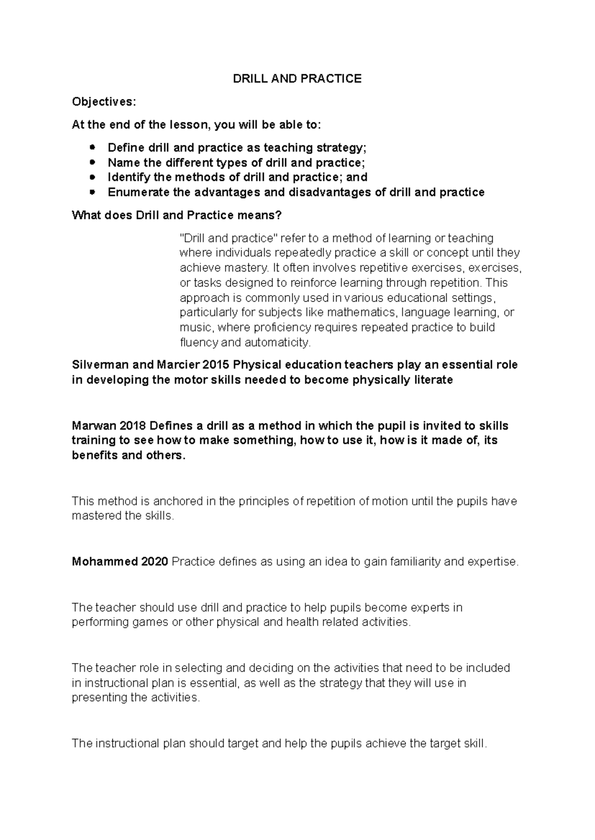 Course Code: PED 101 - Drill and Practice Strategies in Education - Studocu