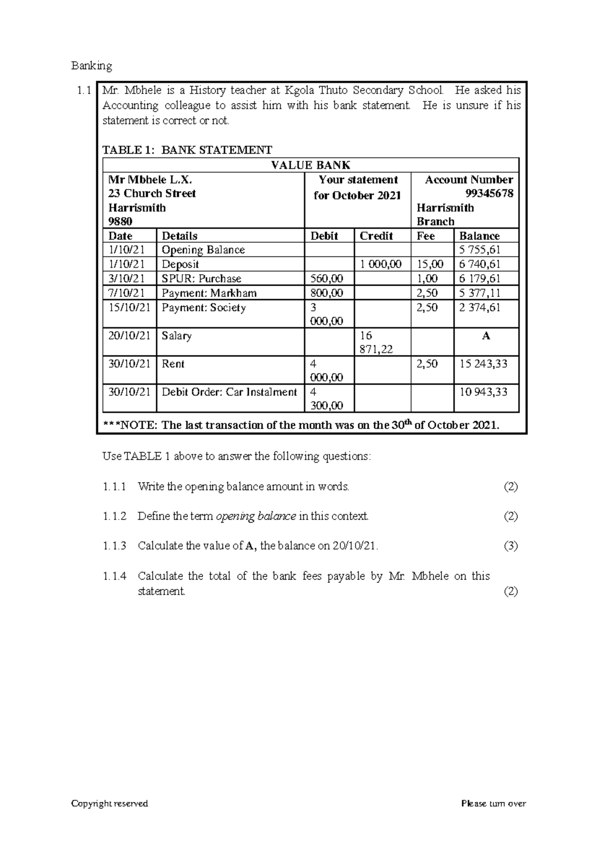 Banking 1.1: Understanding Bank Statements and Investments - Studocu
